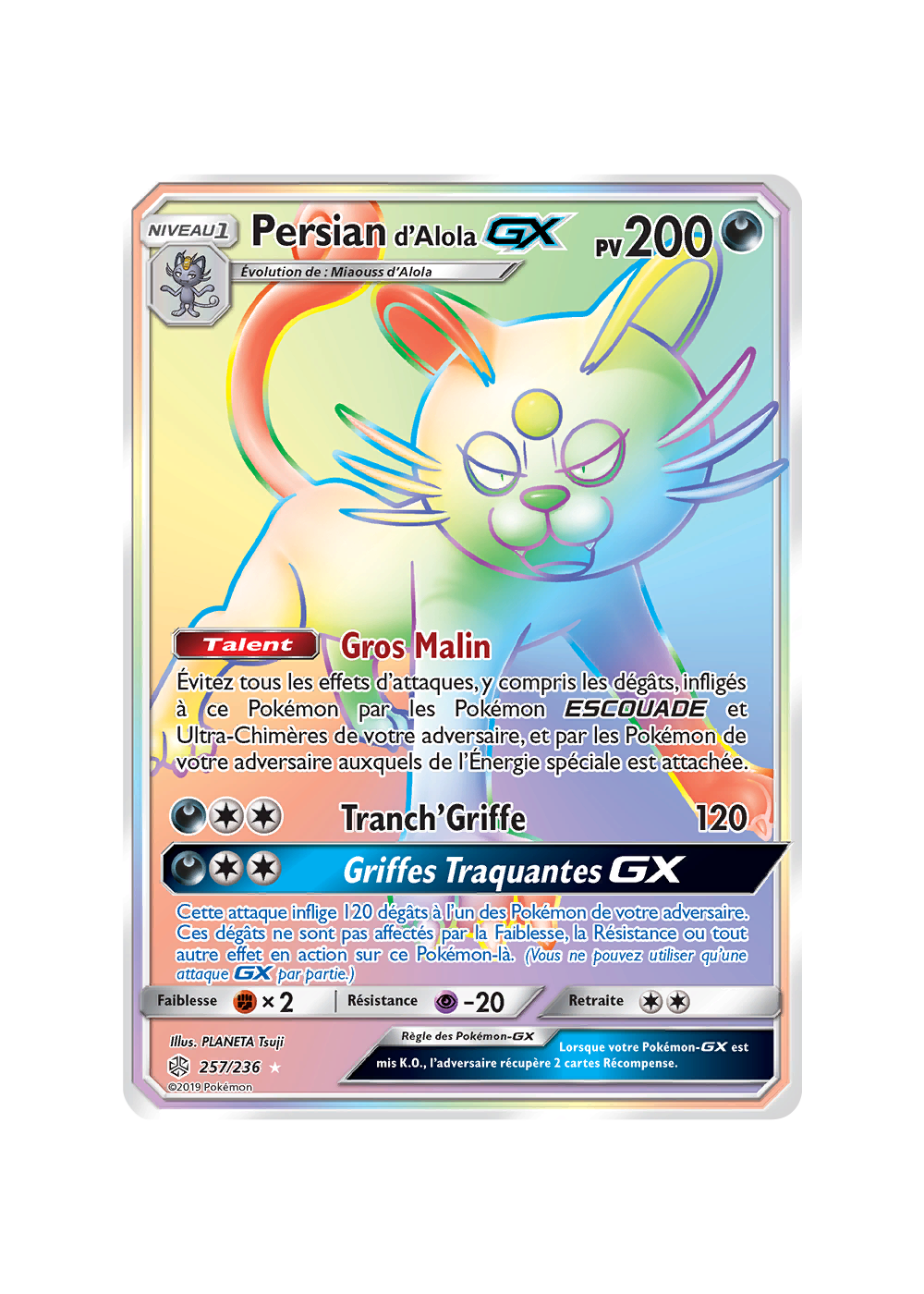 Carte Pokémon Persian d'Alola-GX 257/236 Rainbow Éclipse Cosmique